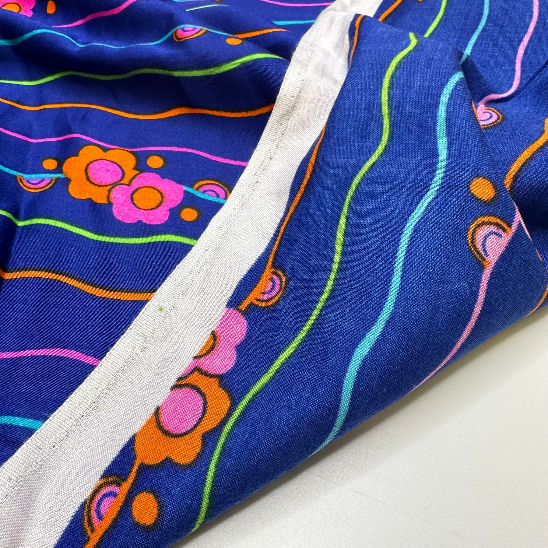 Flowers In The River - Cotton Woven - Blue Multi Wavy Lines With Floral ...